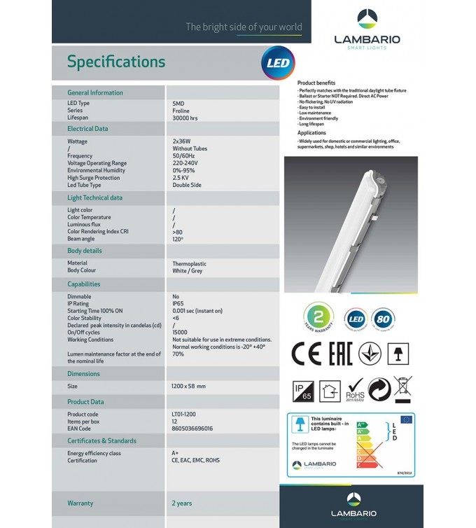 Proton Power & Light - Στεγανό φωτιστικό δύο άκρων διπλό 120cm IP65 LT01-1200 Lambario